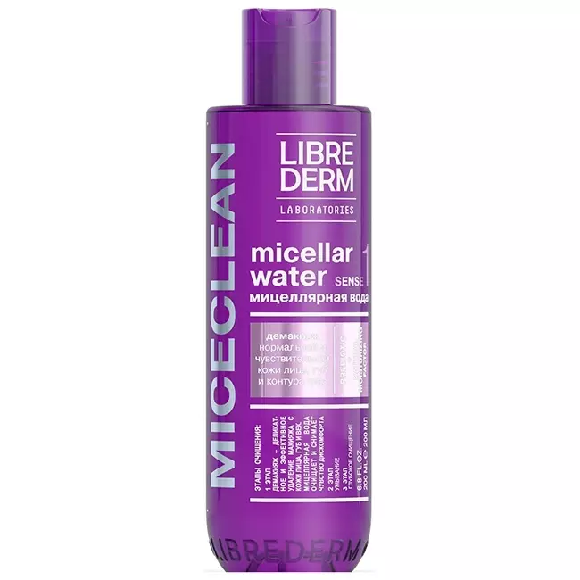 Librederm Miceclean Sense omi micellar meji-meji fun yiyọ atike pipẹ kuro lati oju ati fọto ète No.