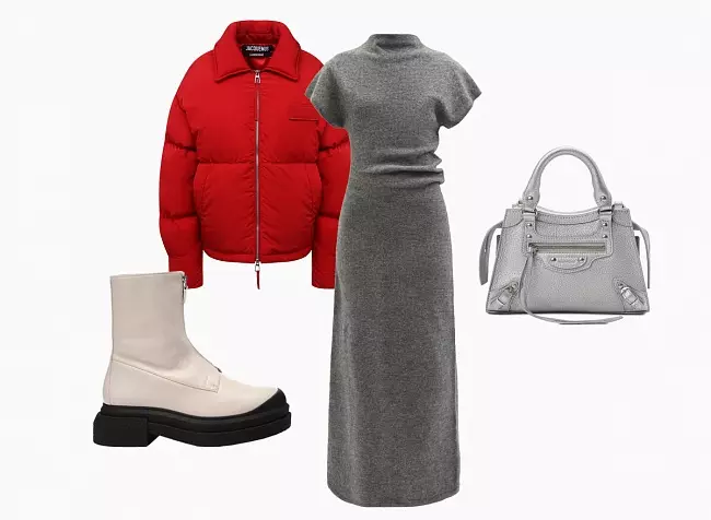 Stuart Weitzman boots, 51,990 ruble, noone.ru; çakêtê jêrîn Jacquemus, 113,000 rubles, tsum.ru; Cilê Proenza Schouler, 77 425 ruble, matchesfashion.com; Çentê Balenciaga, 131,500 ruble, tsum.ru wêne # 3