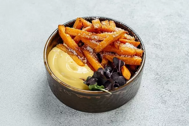 Sweet potato fries with corn sauce and coconut photo # 5