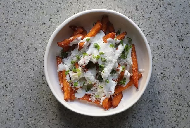 Sweet potato fries with pecorino cheese, parsley and yogurt sauce photo # 6