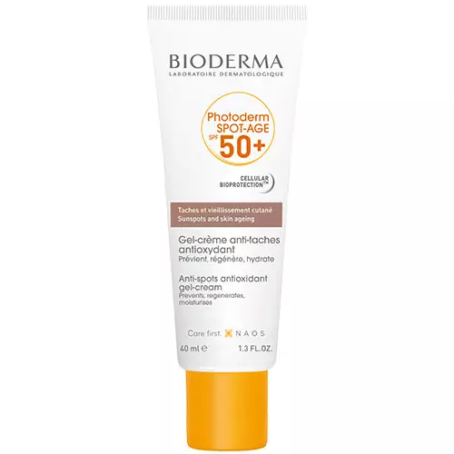 Photoderm Spot-Age Sunscreen gel-cream rau daim tawv nqaij nrog pigmentation thiab cov cim ntawm kev laus yees duab #1